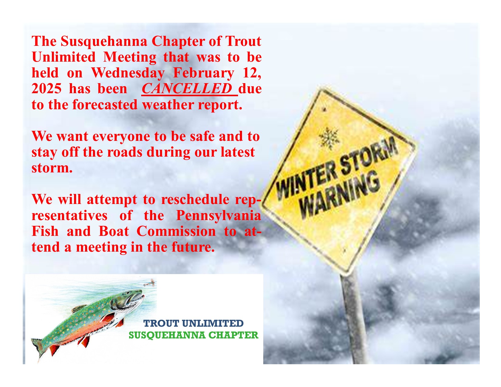Tonight’s Meeting is Cancelled – Susquehanna Chapter of Trout Unlimited